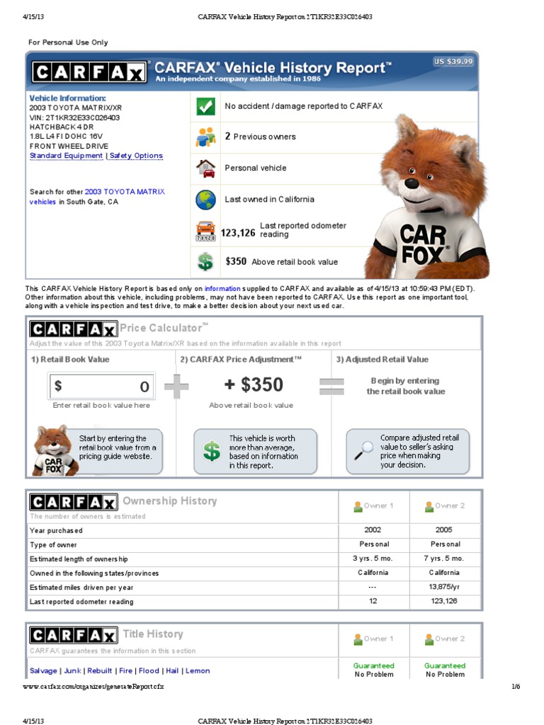 Carfax Vehicle History Report On 2t1kr32e33c026403 | PDF | Used Car ...