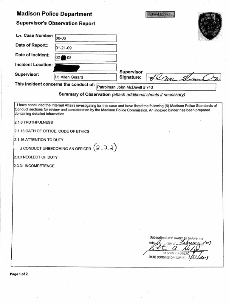 Internal Affairs Report On Madison Patrolman John McDevitt | PDF | Police Officer | Police