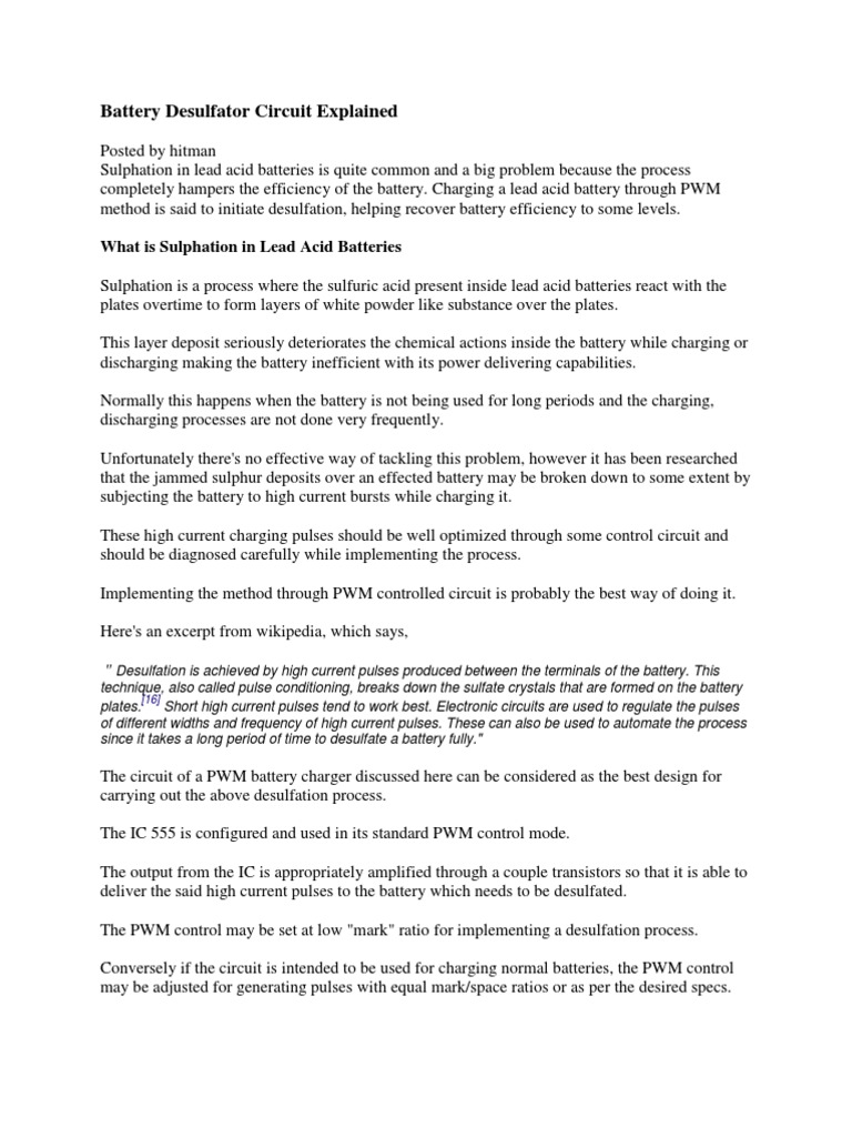 Battery Desulfator Circuit Explained | PDF | Battery Charger | Battery ...