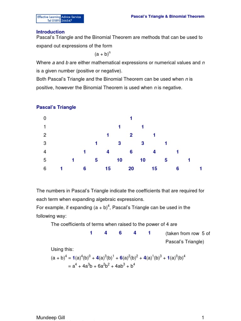 Pascals Triangle Binomial Theorem | PDF | Combinatorics | Number Theory
