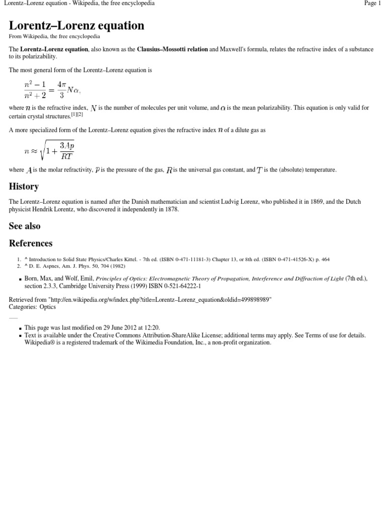 Lorentz-Lorenz Equation - Wikipedia, The Free Encyclopedia | PDF ...