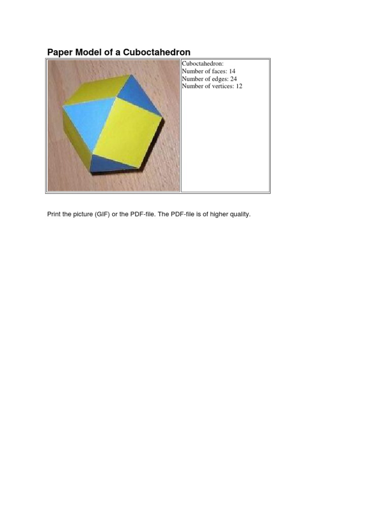 Paper Model of A Cuboctahedron: Cuboctahedron: Number of Faces: 14 ...