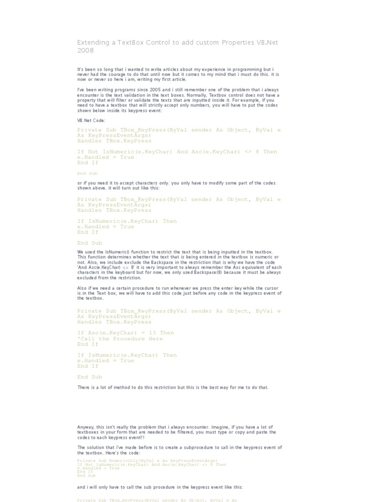 Extending A Textbox Control To Add Custom Properties Vb Net 2008 Pdf Areas Of Computer