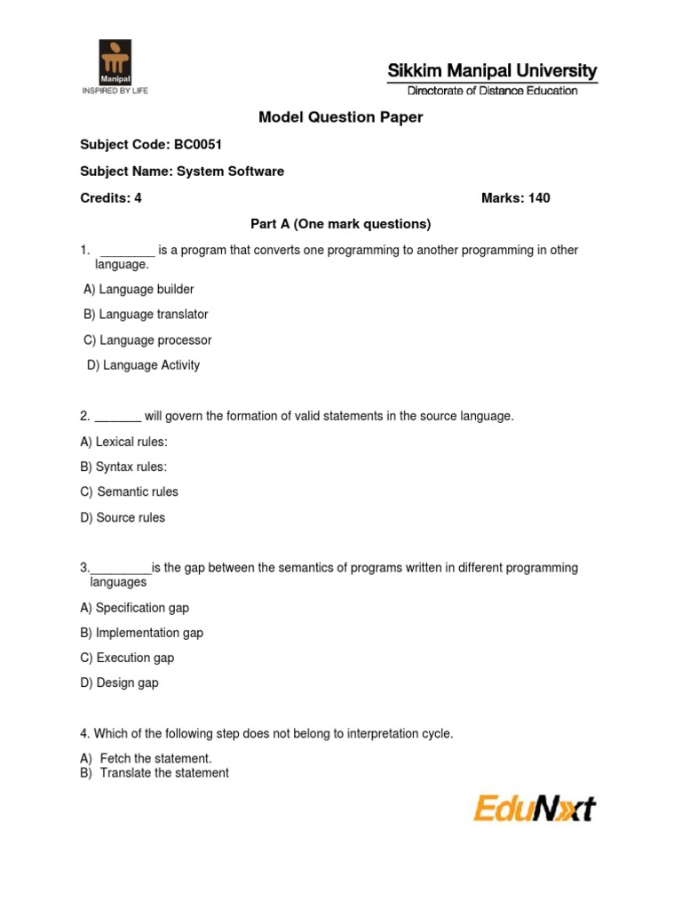 BC0051-System Software Model Question Paper | PDF | Computers | Technology & Engineering