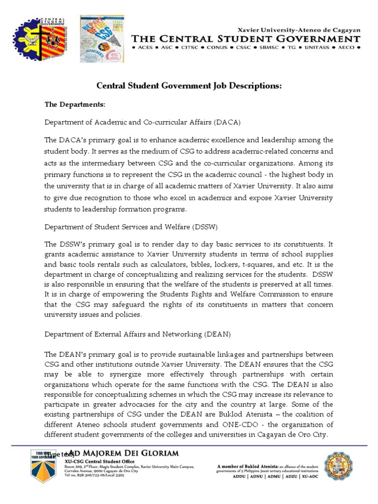 Central Student Government Job Descriptions:: The Departments | PDF ...