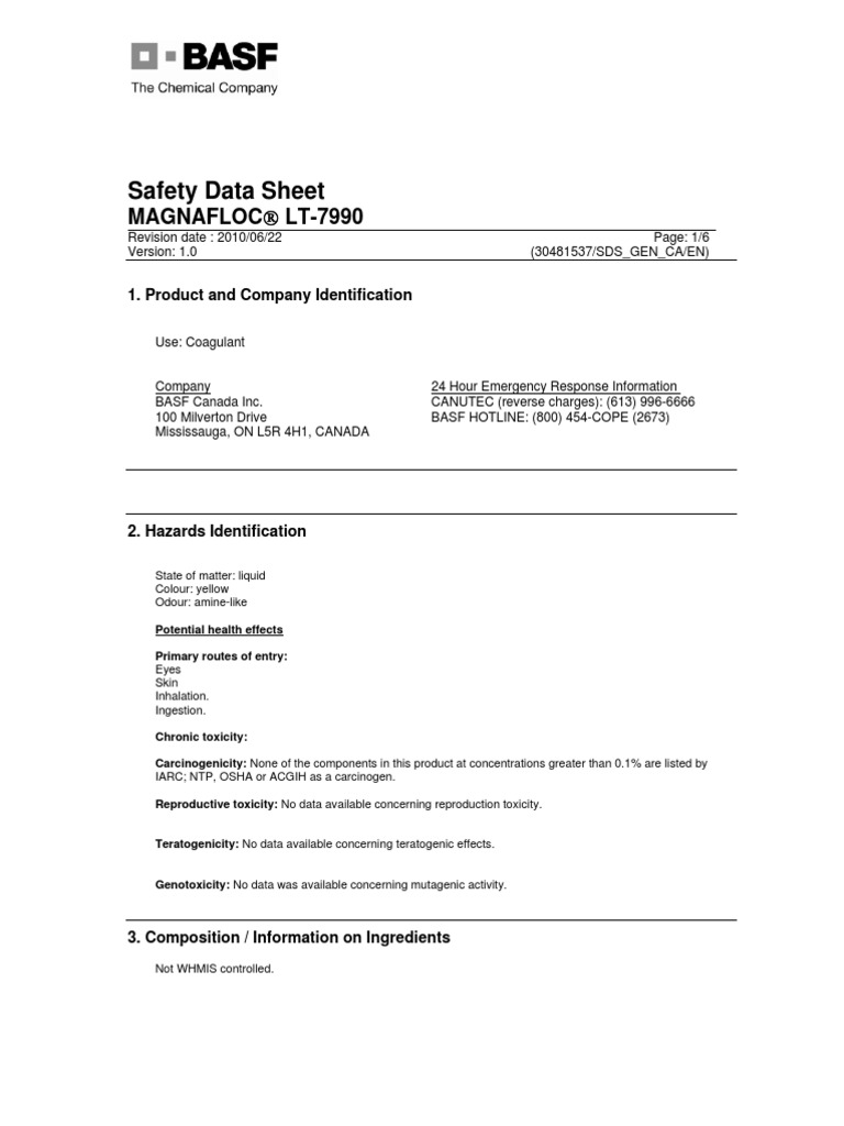 Chemicals Zetag MSDS Organic Coagulants Magnafloc LT 7990 - 0610 | PDF ...