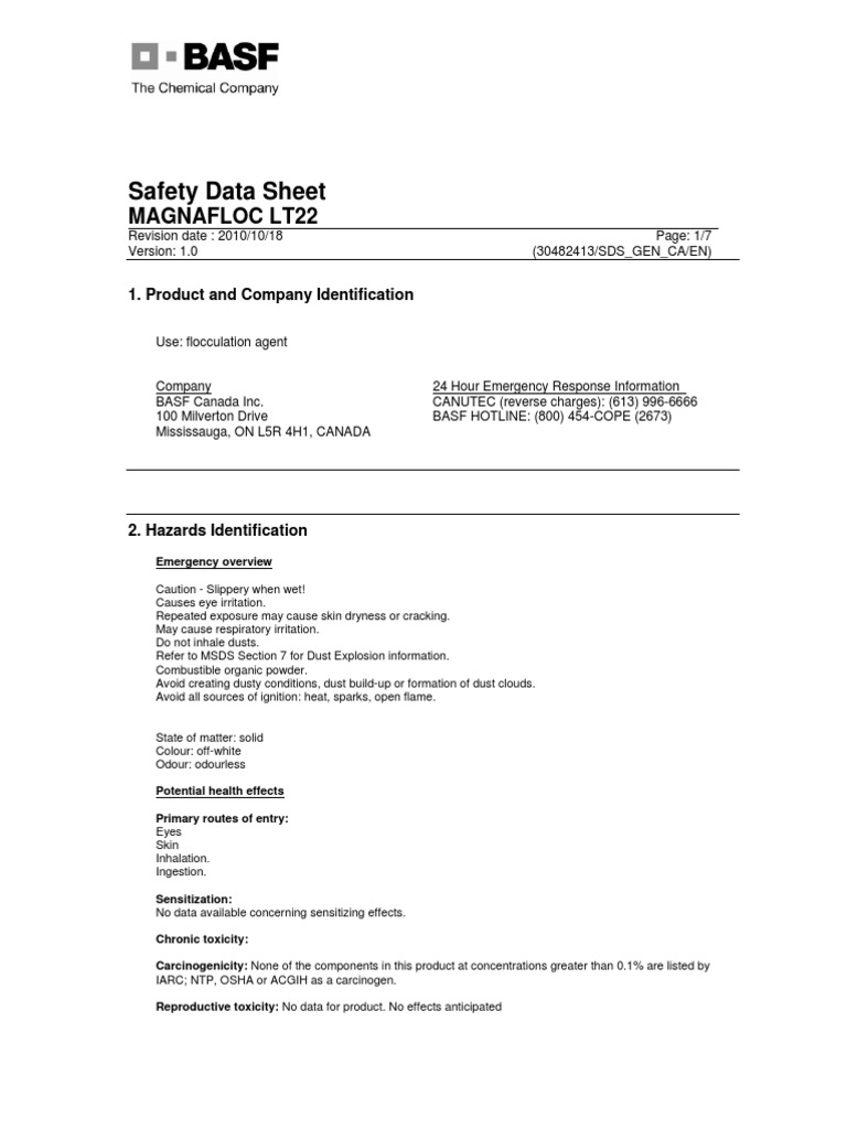 Chemicals Zetag MSDS Powder Magnafloc LT 22 - 1010 | PDF | Toxicity ...
