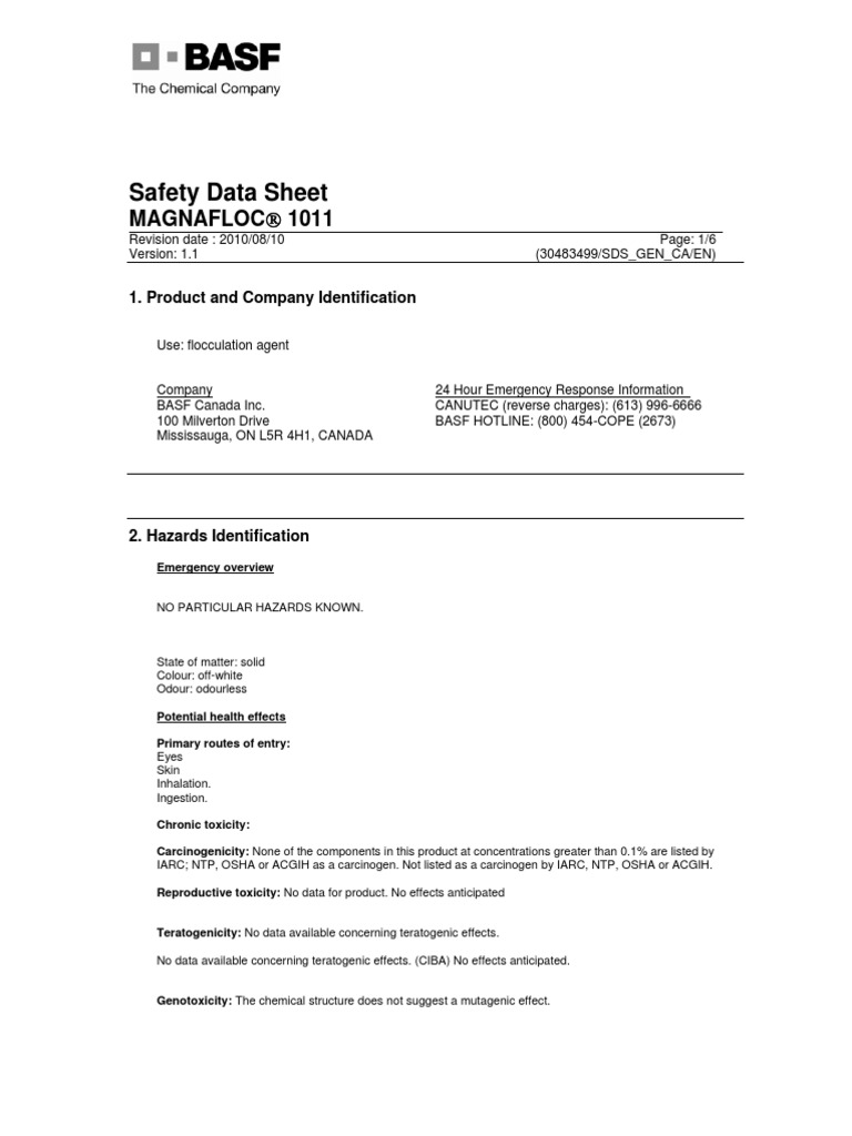 Chemicals Zetag MSDS Powder Magnafloc 1011 - 0810 | PDF | Safety ...