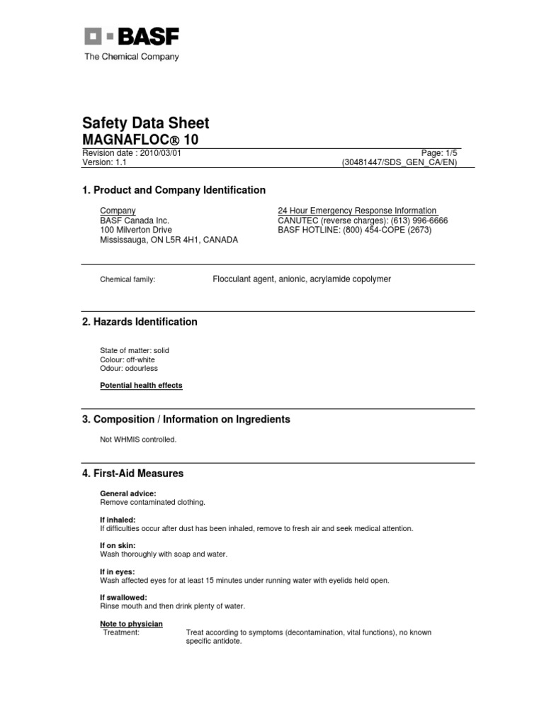 Chemicals Zetag MSDS Powder Magnafloc 10 - 0310 | PDF | Personal ...