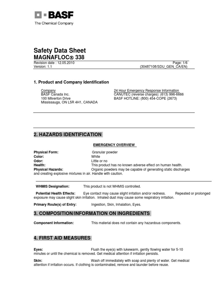 Chemicals Zetag MSDS Powder Magnafloc 338 - 0510 | PDF | Personal ...