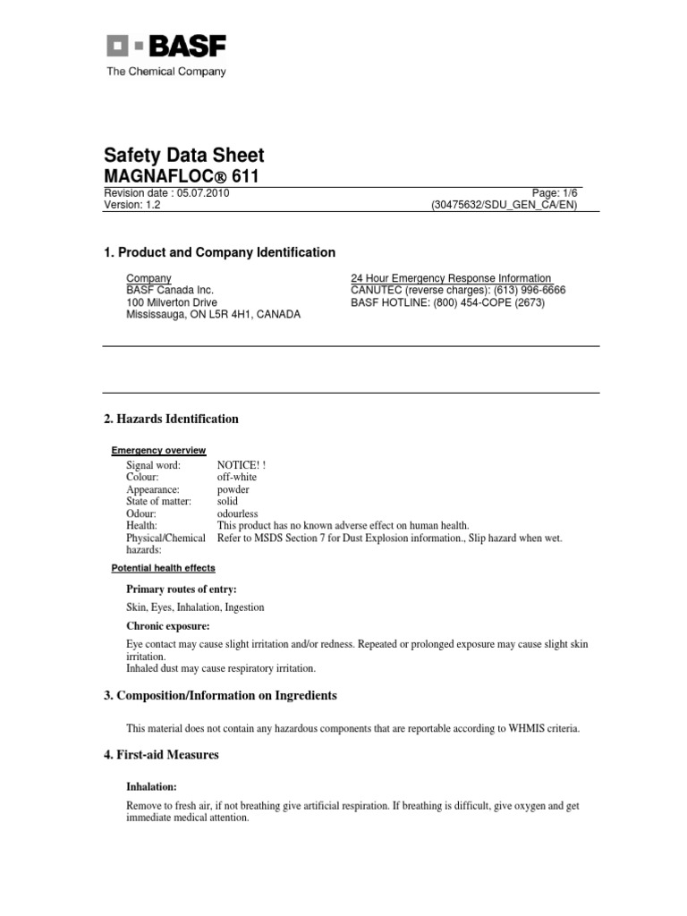 Chemicals Zetag MSDS Powder Magnafloc 611 - 0710 | PDF