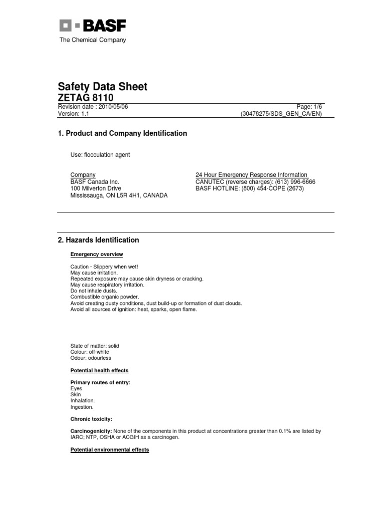 Chemicals Zetag MSDS Powder Zetag 8110 - 0510 | PDF