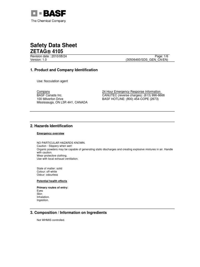 Chemicals Zetag MSDS Powder Zetag 4105 - 0810 | PDF | Safety | Chemistry