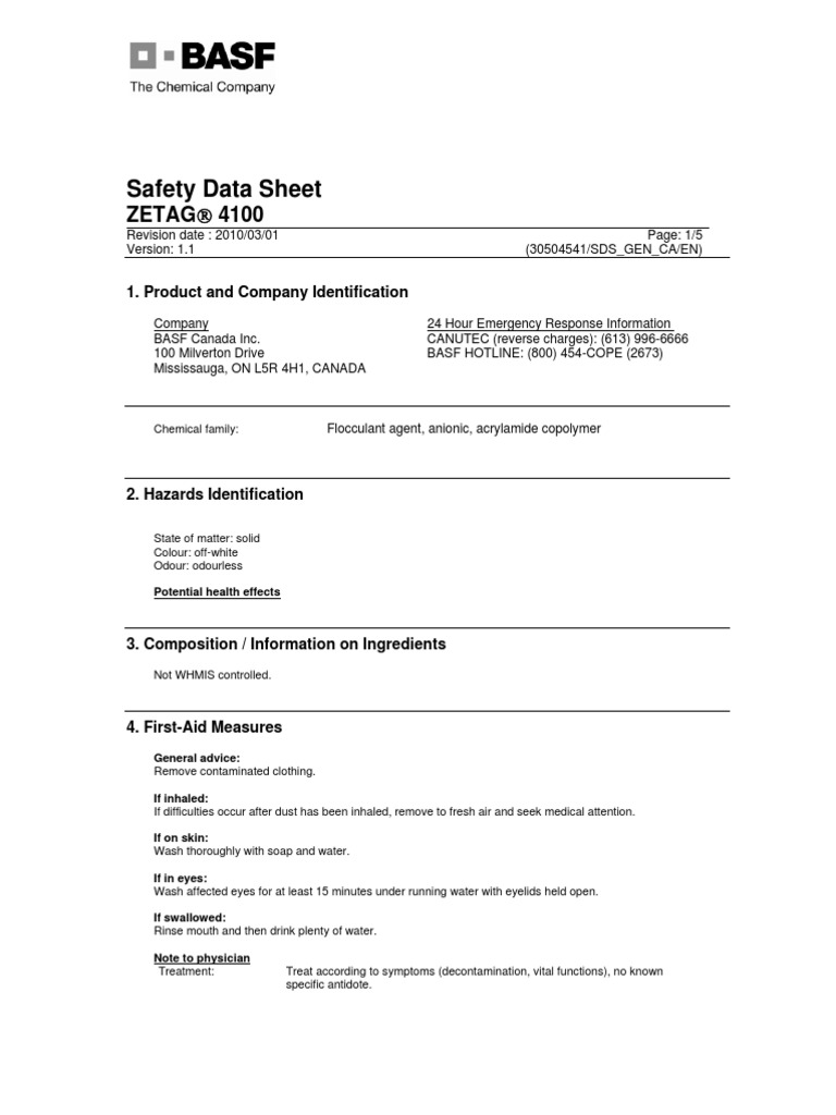 Chemicals Zetag MSDS Powder Zetag 4100 - 0310 | PDF | Personal ...