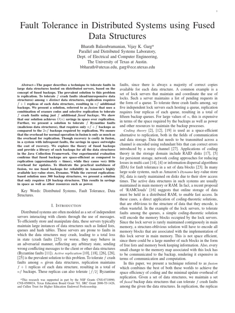 Fault Tolerance In Distributed System Using Fused Data Structures Pdf