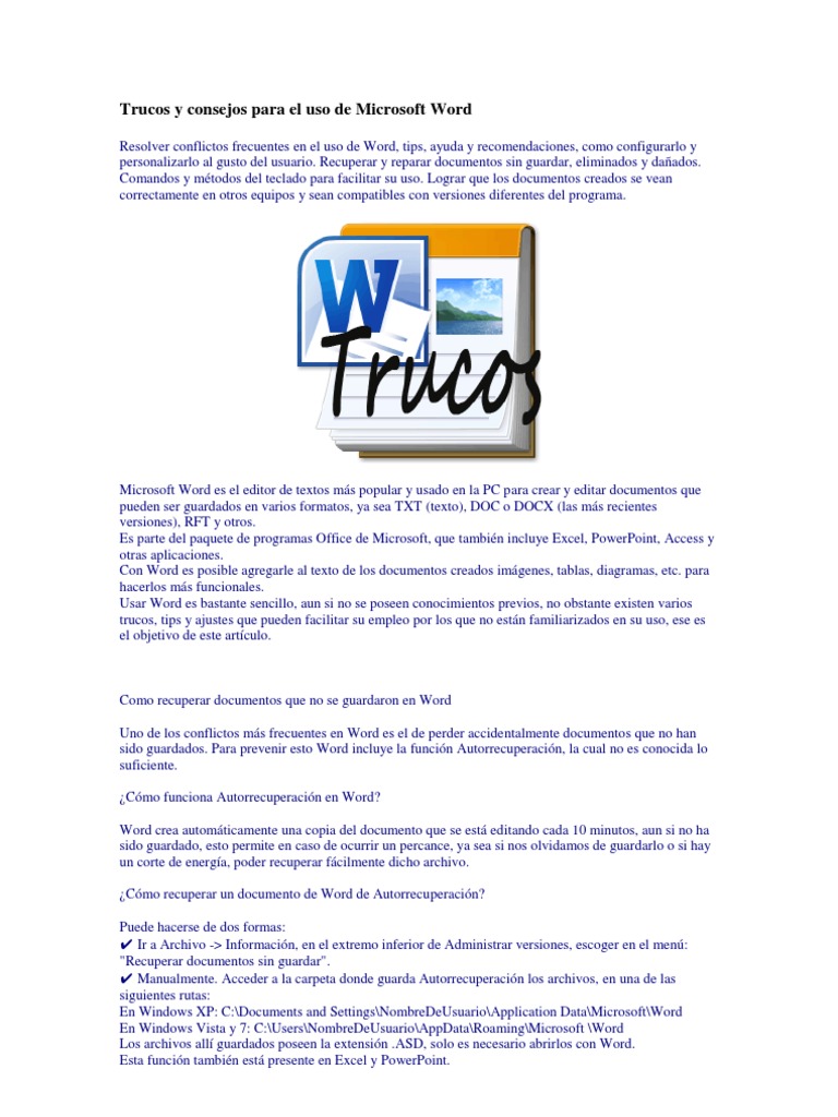 Trucos y Consejos Para El Uso de Microsoft Word | Microsoft Word | Archivo de computadora