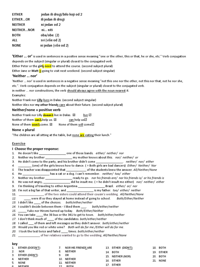English Lesson: Neither and Nor | PDF | Grammatical Number ...