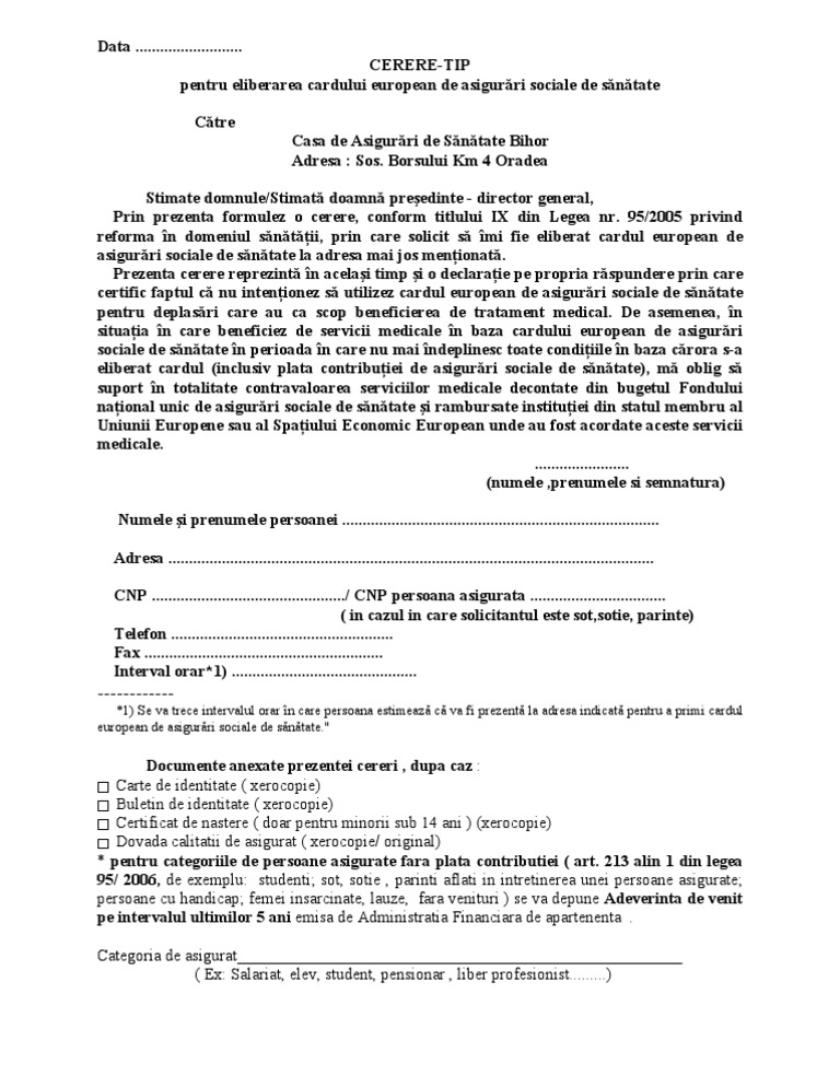 Card European Sanatate - Cerere Tip - CAS Bihor | PDF