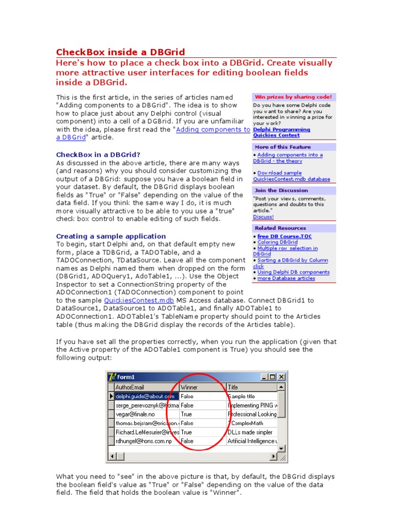 CheckBox Inside A DBGrid | PDF | Boolean Data Type | Databases
