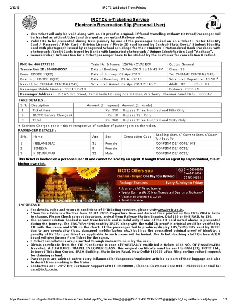 Irctcs E-Ticketing Service Electronic Reservation Slip (Personal User ...