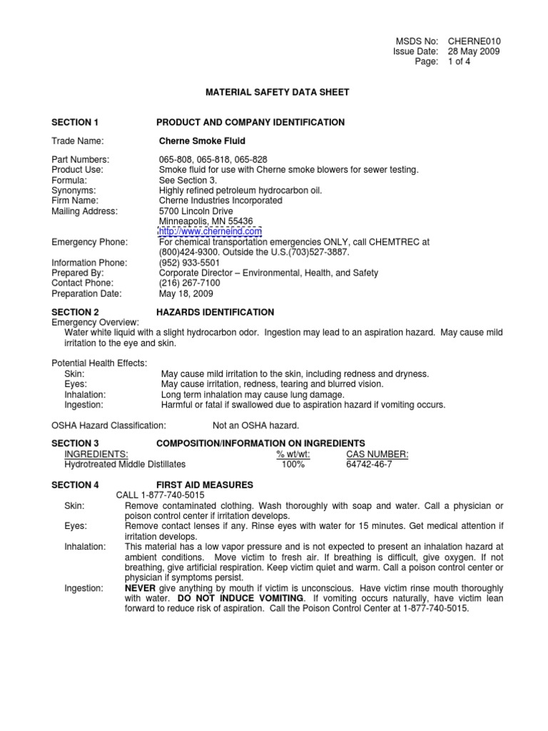 Cherne Smoke Fluid MSDS | PDF | Toxicity | Firefighting
