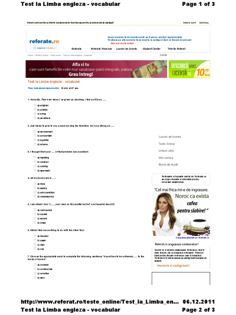 Test La Limba Engleza - Vocabular 9 | PDF | Games & Activities ...