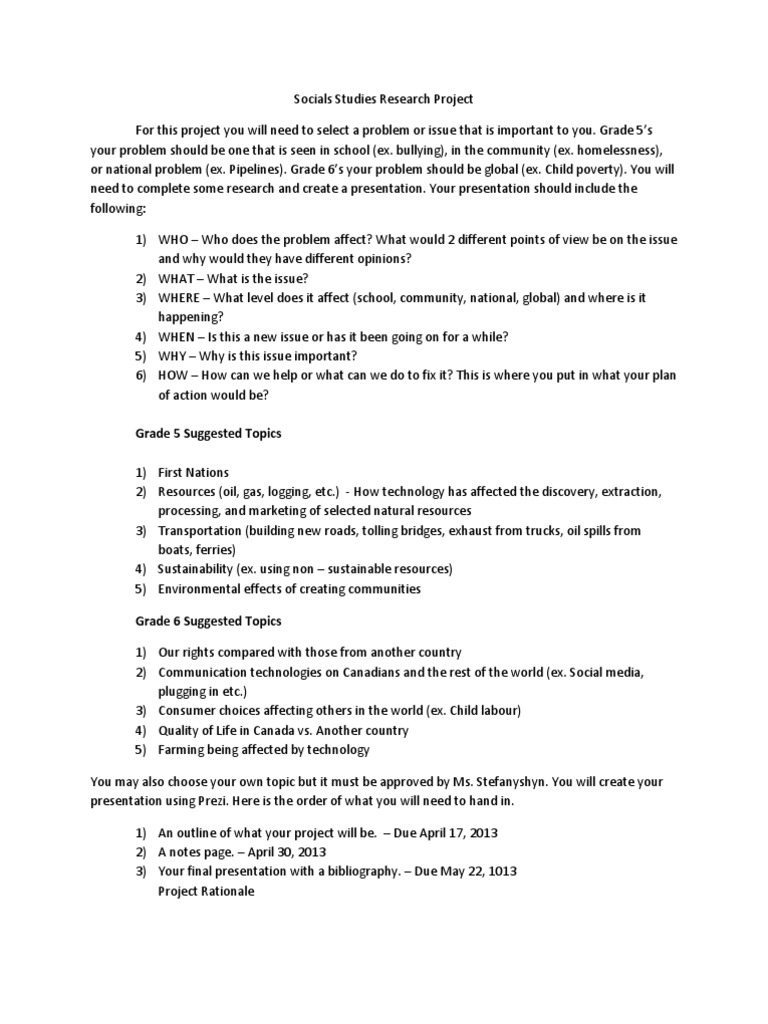 Grade 5-6 Social Studies Project Guide | PDF