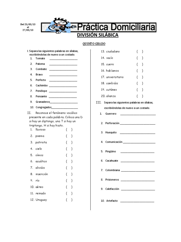 PRÁCTICA DE DIVISION SILABICA