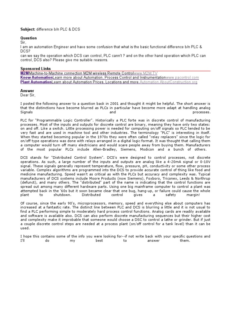 Subject: Difference B/N PLC & DCS: M2M Know Automation Plant Automation ...