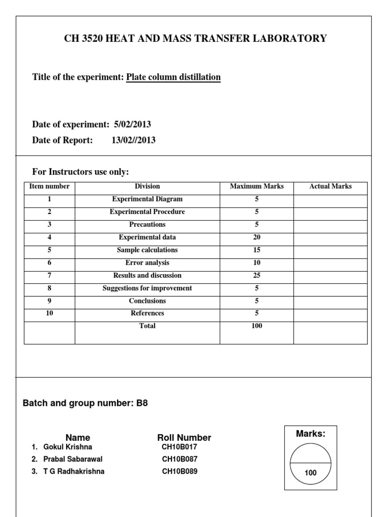 CH 3520 Heat and Mass Transfer Laboratory: Title of The Experiment ...