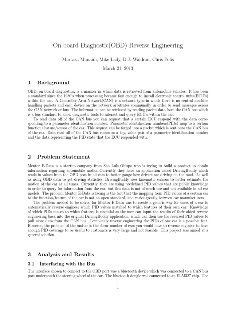 On-Board Diagnostic (OBD) Reverse Engineering: 1 Background | PDF ...