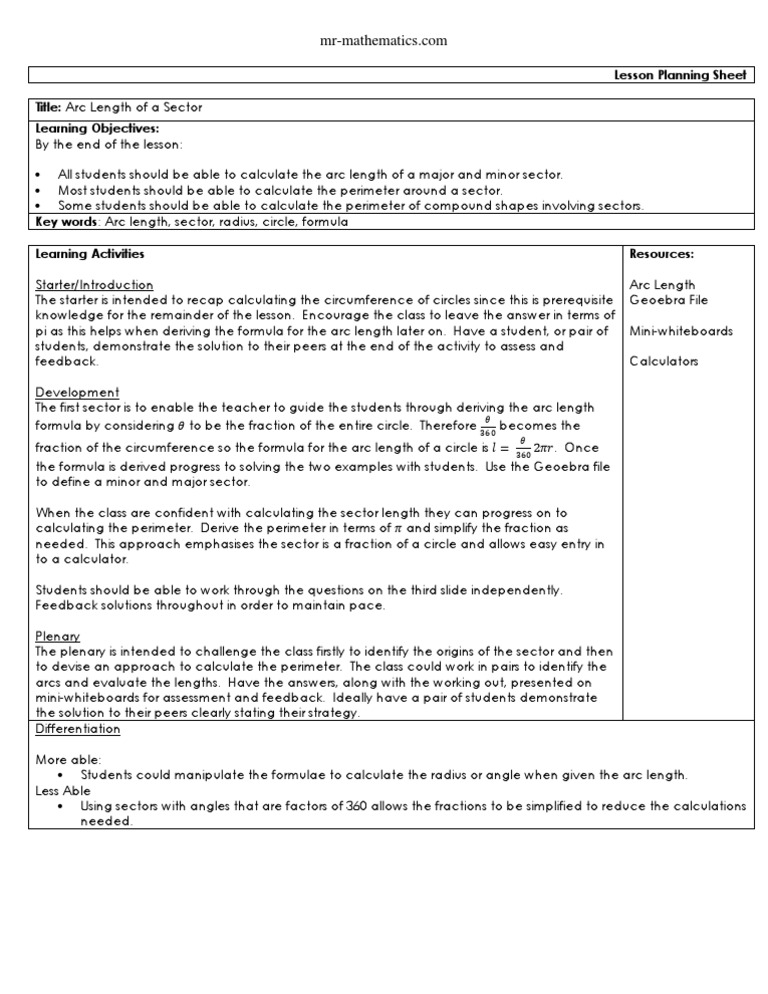 Arc Length Lesson Plan | PDF