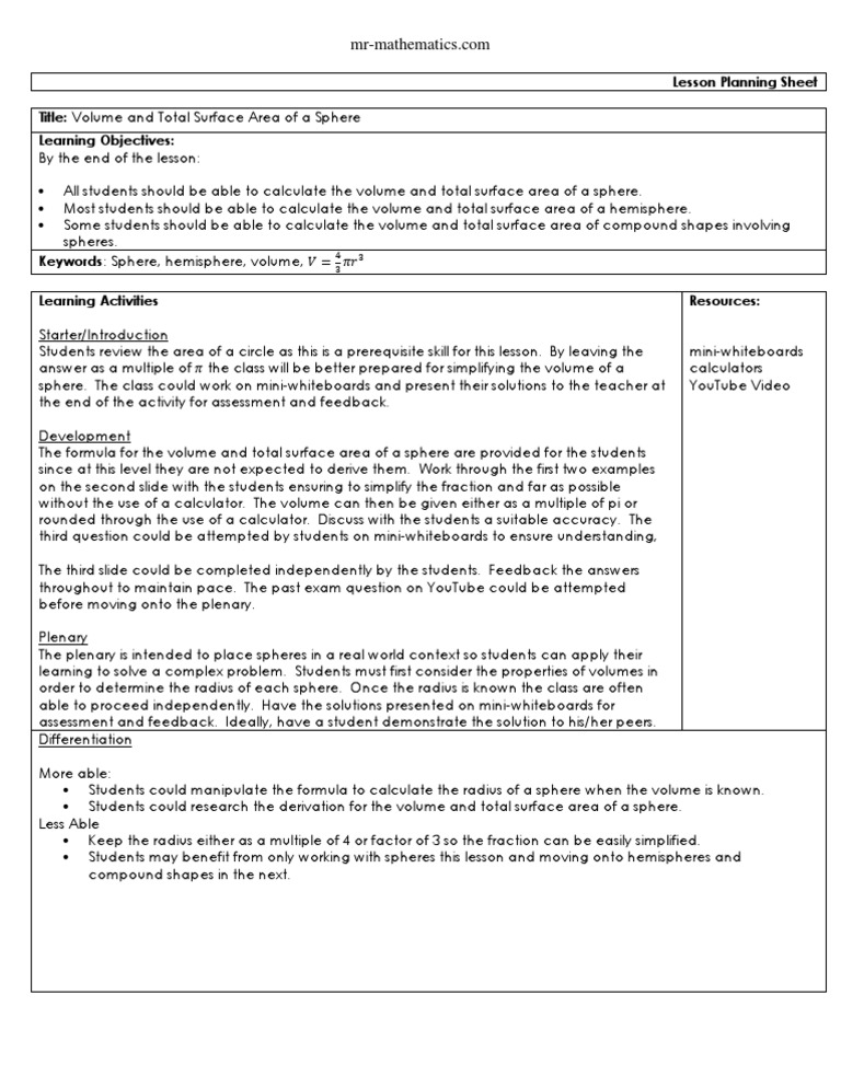 Sphere Volume and Surface Area Lesson | PDF | Sphere | Surface Area