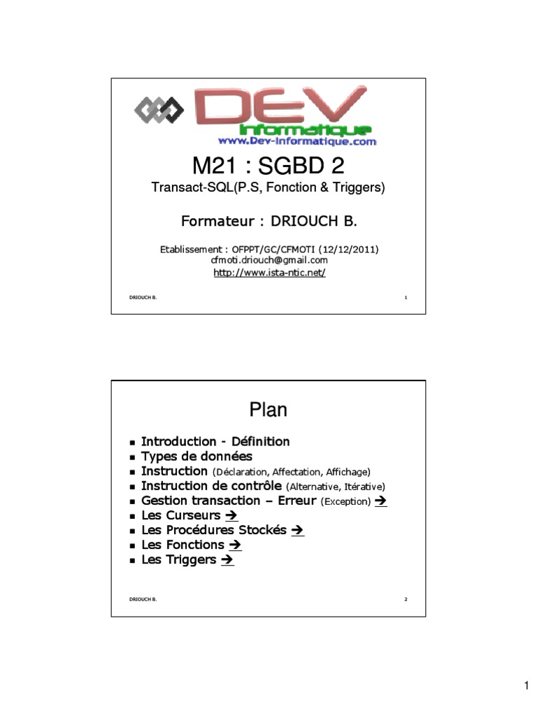 SGBD 2 Transact-SQL (P.S, Fonction & Triggers) | PDF | SQL | Bases de données