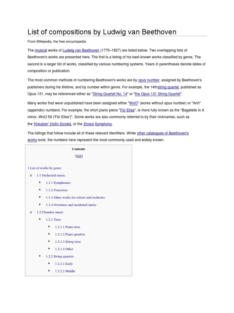 List of Compositions by Ludwig Van Beethoven | Opus Number | Ludwig Van ...