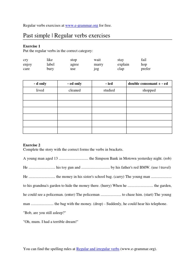 Past Simple Regular Verbs Exercises PDF | PDF