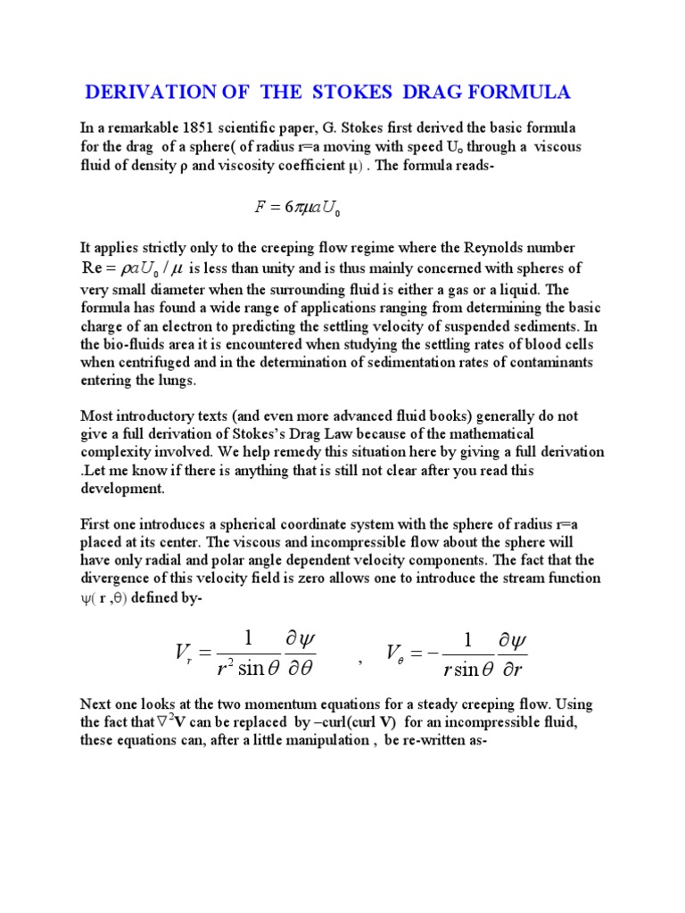 A Full Derivation of Stokes' Drag Law: Developing the Mathematical ...