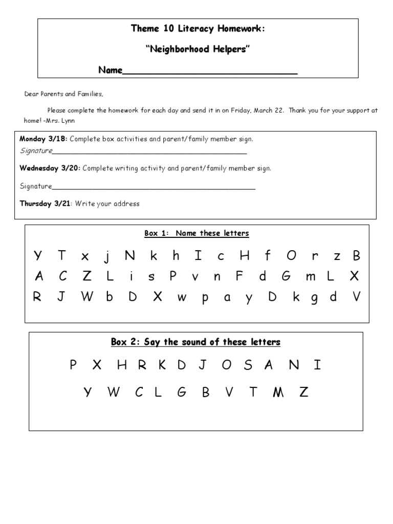 K Theme 10 Literacy Homework | PDF | Home & Garden