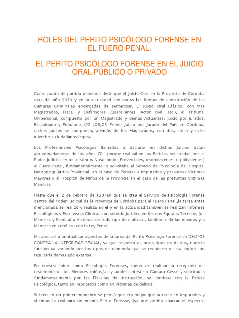 Roles Del Perito Psicólogo Forense en El Fuero Penal | PDF | Testigo ...