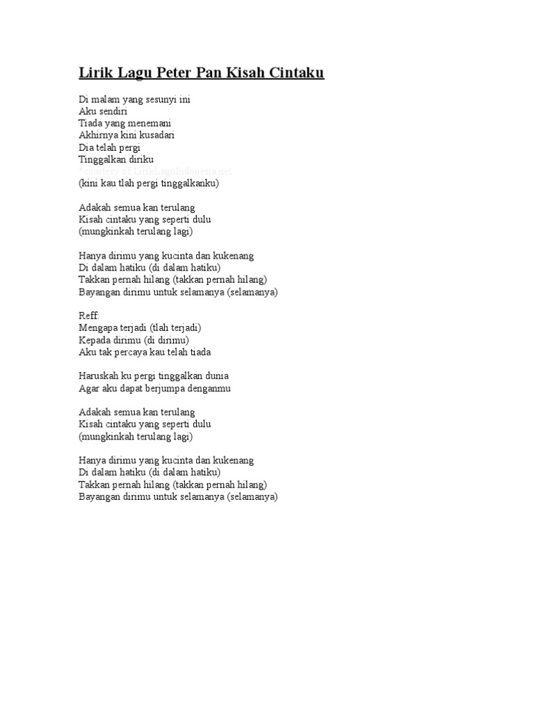 Lirik Lagu Peter Pan Kisah Cintaku | PDF | Seni | Puisi