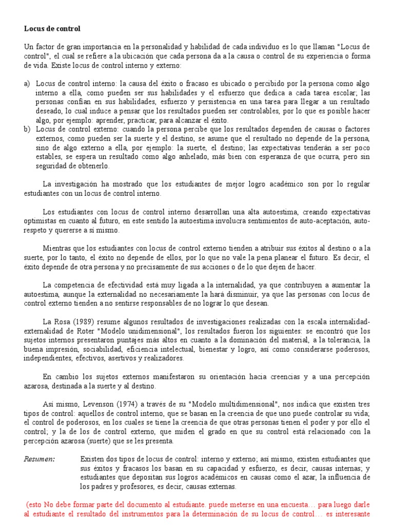 Locus de control: interno y externo | PDF | Ciencias del comportamiento ...