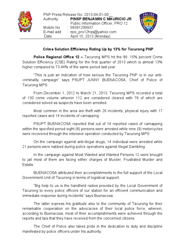 Crime Solution Efficiency up by 13% at Tacurong City.doc | Police ...