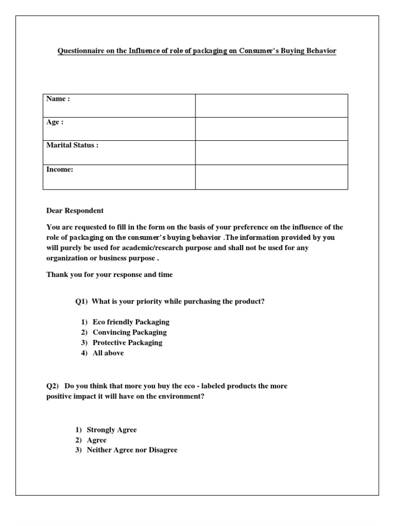 Questionnaire On Influence of Role of Packaging On Consumer | PDF ...