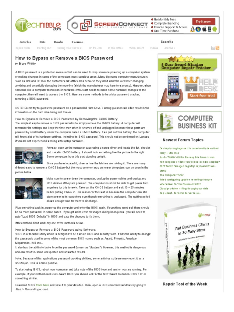 How To Bypass or Remove A BIOS Password - Technibble | PDF | Bios | Booting