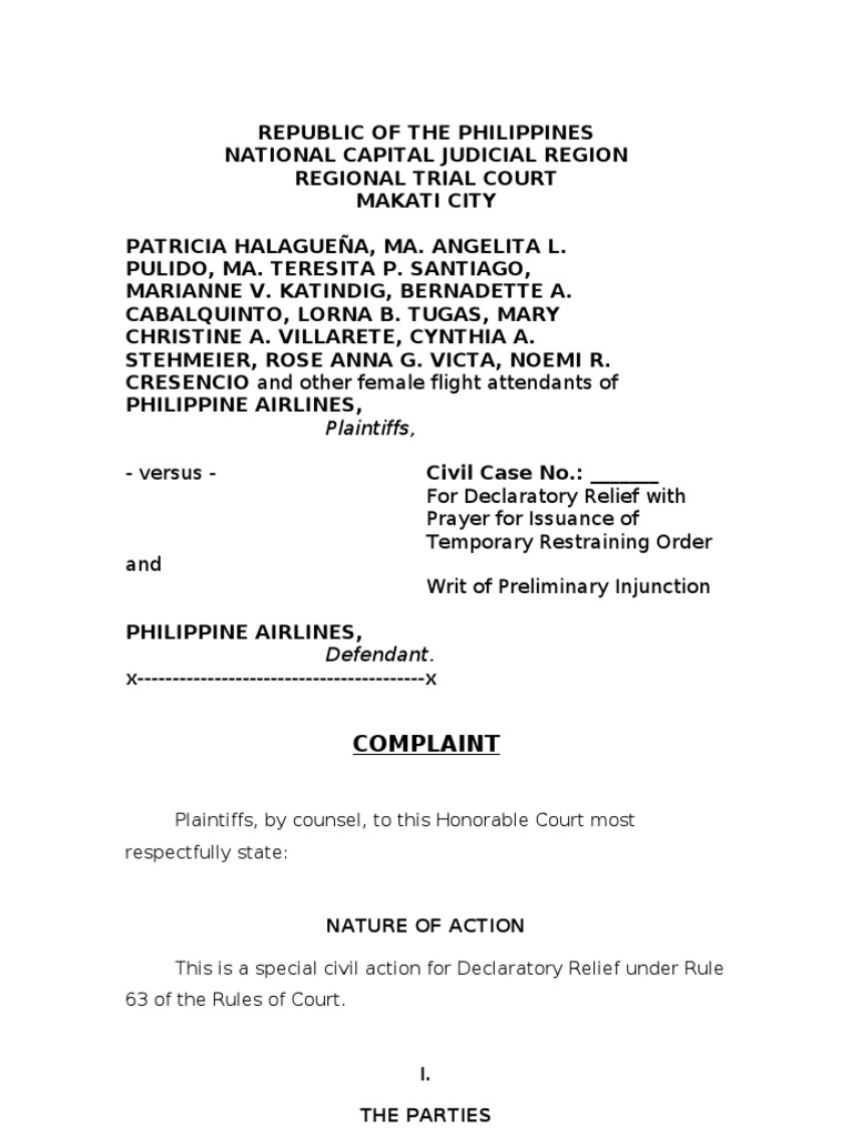 Halaguena Vs PAL Petition For Declaratory Relief | PDF | Injunction | Flight Attendant