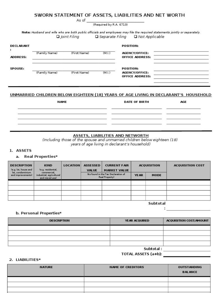 Statement of Assets, Liabilities and Net Worth (SALN) Form 2012 | PDF ...