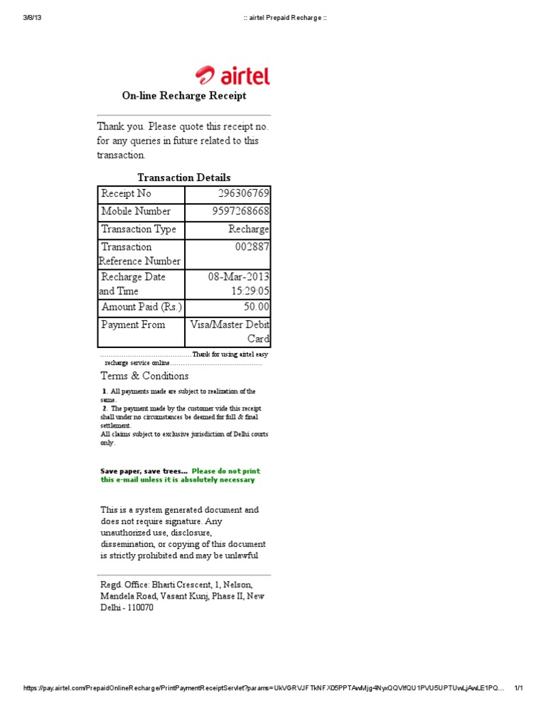 Airtel Prepaid Recharge Receipt Format | PDF | Receipt | Debit Card