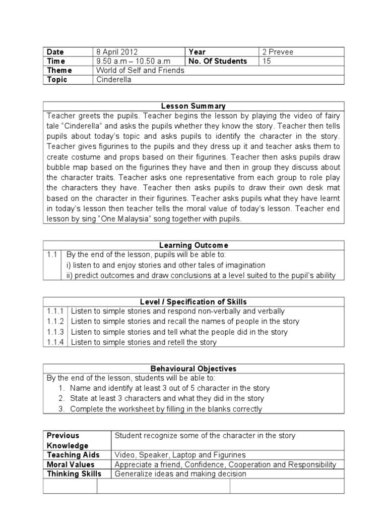 Lesson Plan cinderella | Cinderella | Lesson Plan