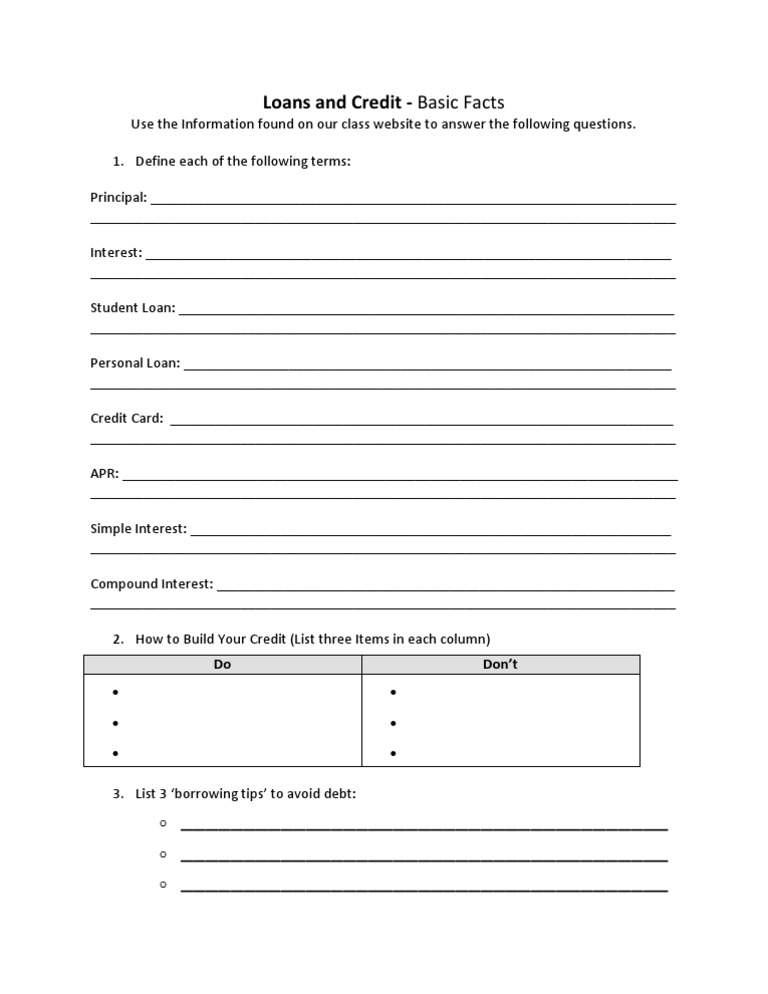 Loans and Credit Worksheet | PDF