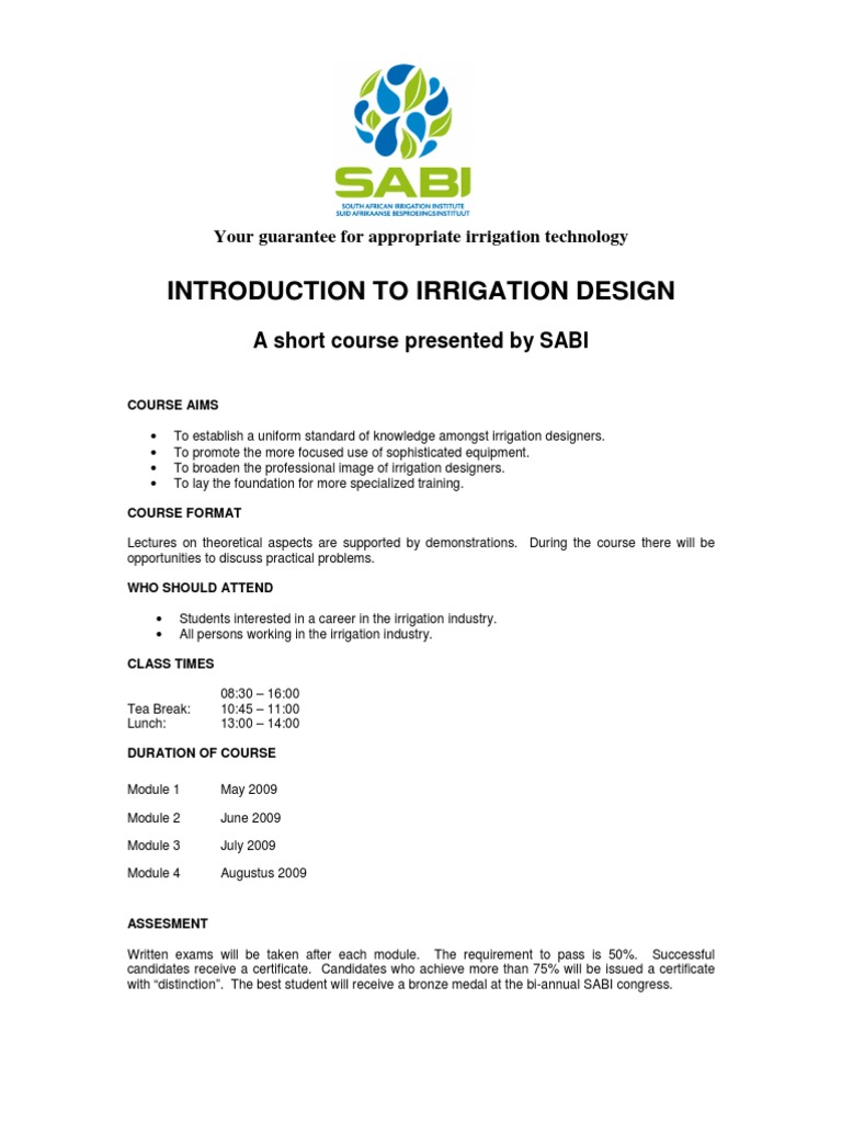 SABI Irrigation Design Course Overview | PDF | Irrigation | Lunch